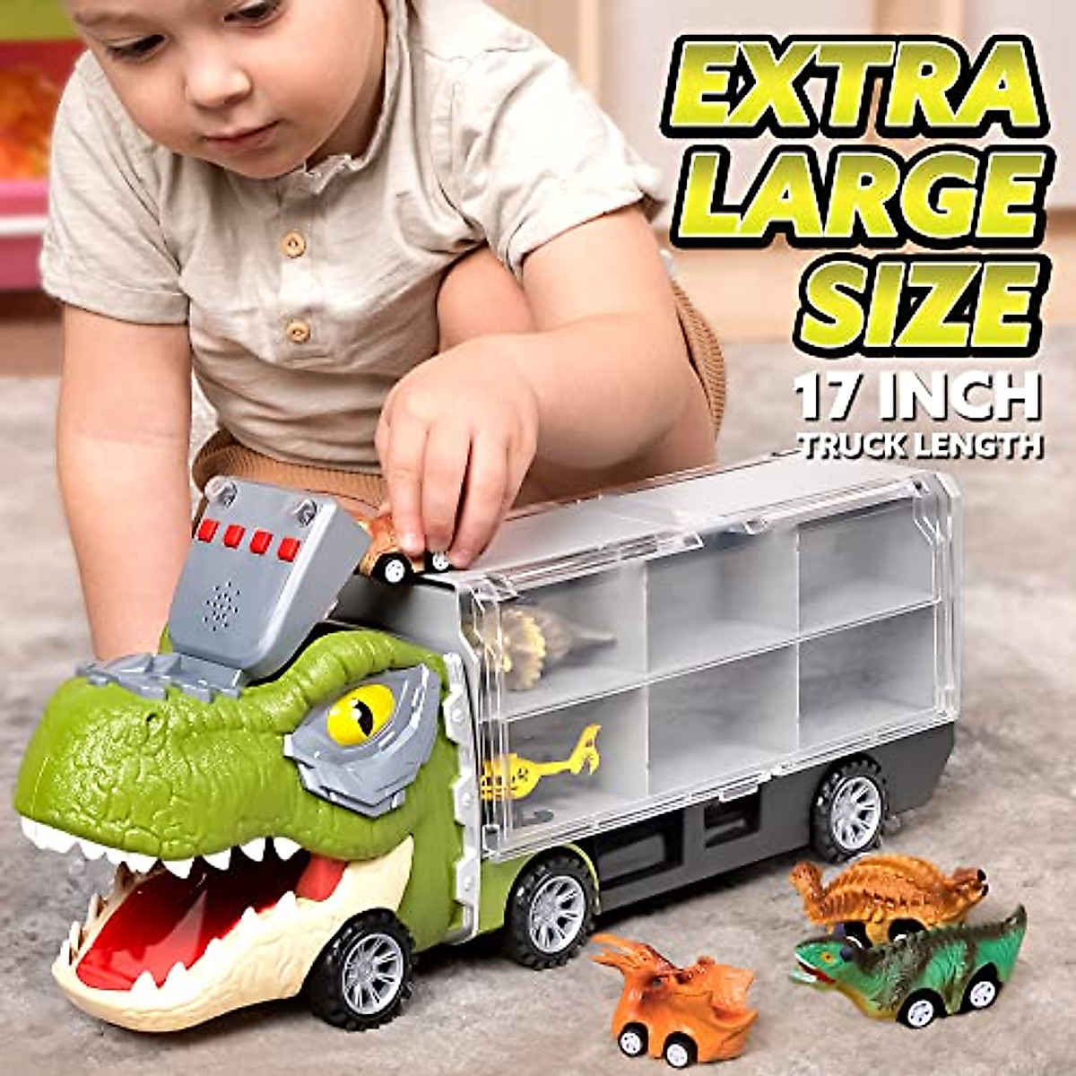 JOYIN 13 in 1 Dinosaur Truck for Kids, with 12 Pull Back Dinosaur Car Vehicles, Toy Dinosaur Transport Carrier Truck with Music and Roaring Sound, Flashing Lights, Mini Dinosaur Car Set, Helicopter