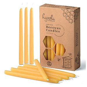Hyoola Thin Beeswax Taper Candles - 25 Pack - Handmade, All Natural, 100% Pure Scented Bee Wax Candle - Tall, Decorative, Golden Yellow - 6” Tall - Handmade in The USA