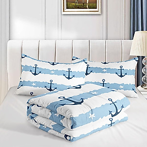 Datura home Anchor Comforter Sets for Boys Girls Kids,Blue White Stripes Starfish Anchor,Duvet 3Pcs in Quilt Sets with 1 Comforter and 2 Pillowcases All Season(Blue White Queen)