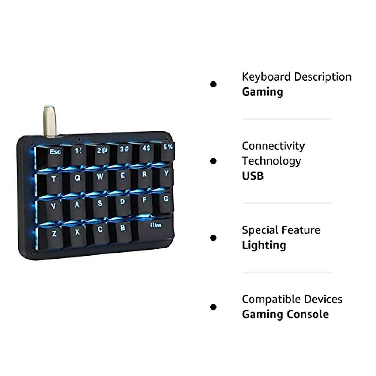 Koolertron One Handed Macro Mechanical Keyboard,Blue LED Backlit Portable Mini One-Handed Mechanical Gaming Keypad 23 Fully Programmable Keys (Blue backlit/Blue switches)