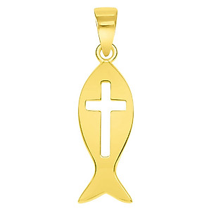 Jewelry America 14k Yellow Gold Ichthus Cut-Out Cross Charm Christian Fish Symbol Pendant
