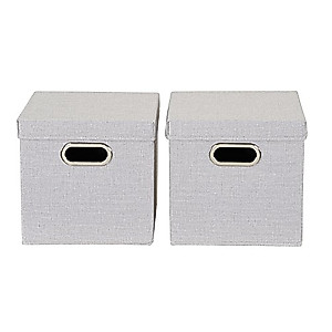 Household Essentials 804-1 Café Cube Bin Storage Set with Lids and Handles | 2 Pack, Grey Linen