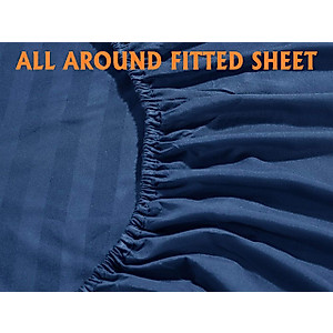 Elegant Comfort Best, Softest, Coziest 6-Piece Sheet Sets! - 1500 Premier Hotel Quality Luxurious Wrinkle Resistant 6-Piece DAMASK STRIPE Bed Sheet Set, Full Navy Blue