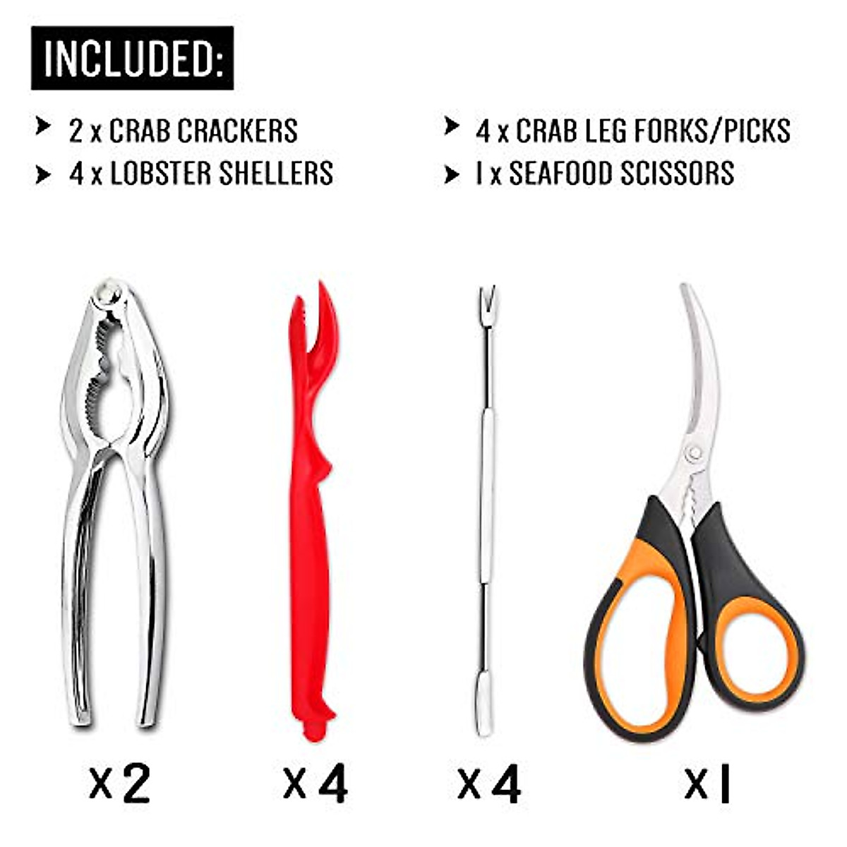 11-piece Seafood Tools Set includes 2 Crab Crackers, 4 Lobster Shellers, 4 Crab Leg Forks/Picks and 1 Seafood Scissors - Nut Cracker Set