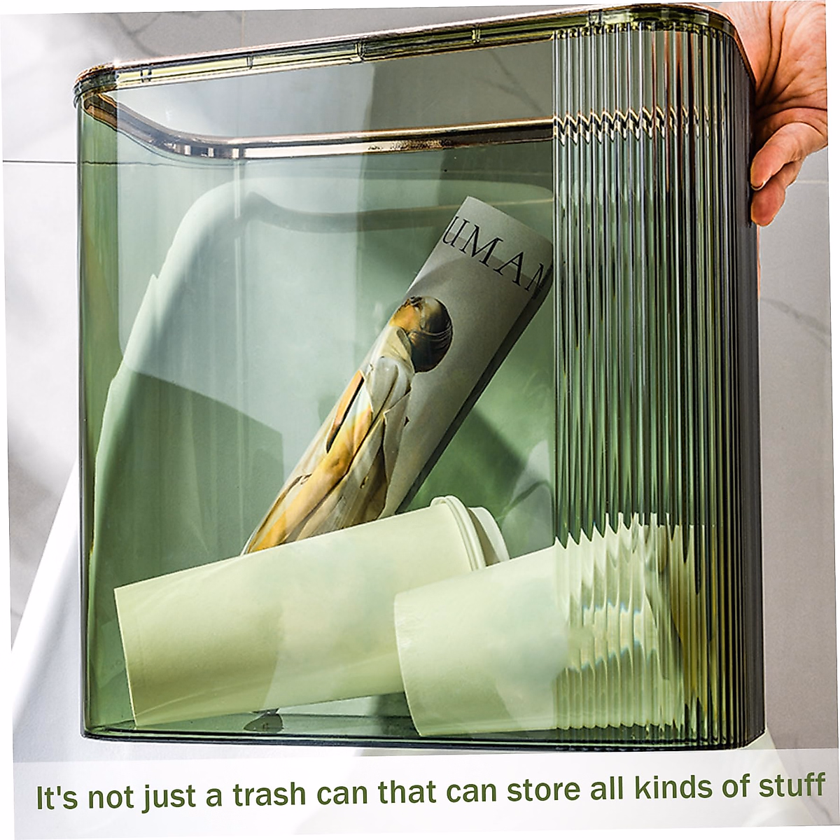 Transparent Trash Can, 12.2x6.1x11.8 inch Green Garbage Can, Bathroom Trash Cans with Lids, Plastic Slim Waste Basket, Space-saving Trash Can