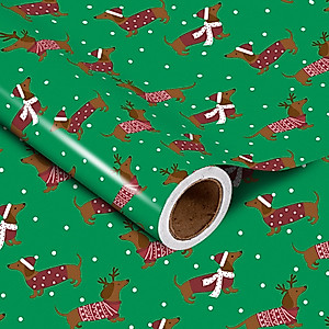 LeZakaa Christmas Green Wrapping Paper Roll - Dachshund Dressed in Festive customes, White Dots Xmas Green Design for Christmas, Holiday Party Gift Wrap - 17 inches x 16.4 Feet (23.2 sq.ft.)