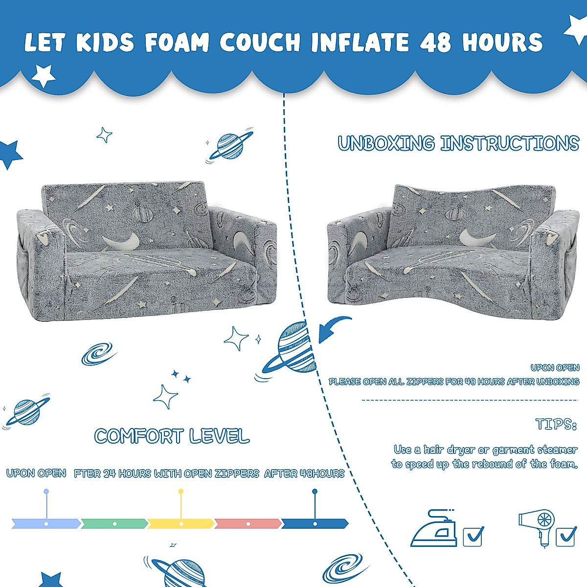 Kids Couch Extra Wider Seating Toddler Couch, 2-in-1 Toddler Soft Couch Fold Out Convertible Sofa to Lounger for Girls and Boys