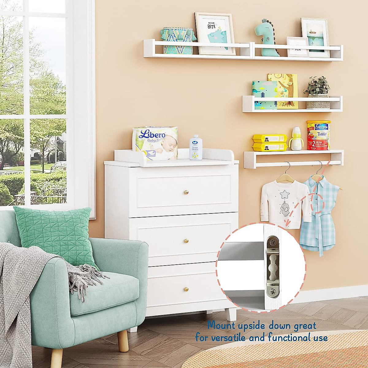 Forbena 24 Inch Wall Bookshelf for Kids Bedroom Set of 4, White Floating Nursery Book Shelves for Baby Toddler Children Girls Boys Room Decor, Large Wood Wall Mount Bookshelves and Toy Storage