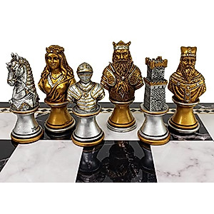 Medieval Times Crusades Knight Chess Set Gold & Silver Busts with 17 inch Faux Marble Storage Board