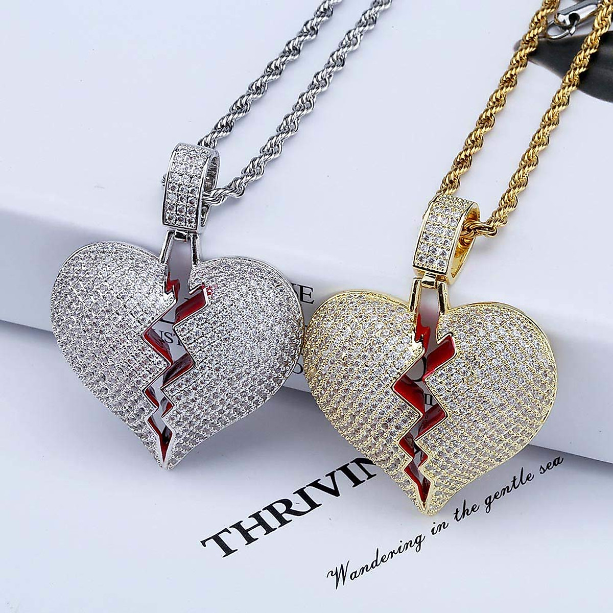 MOLEK Iced Out Hip Hop Jewelry Gifts 18K Gold Plated Micro Pave Bling CZ Broken Heart Pendant Necklace (Gold)