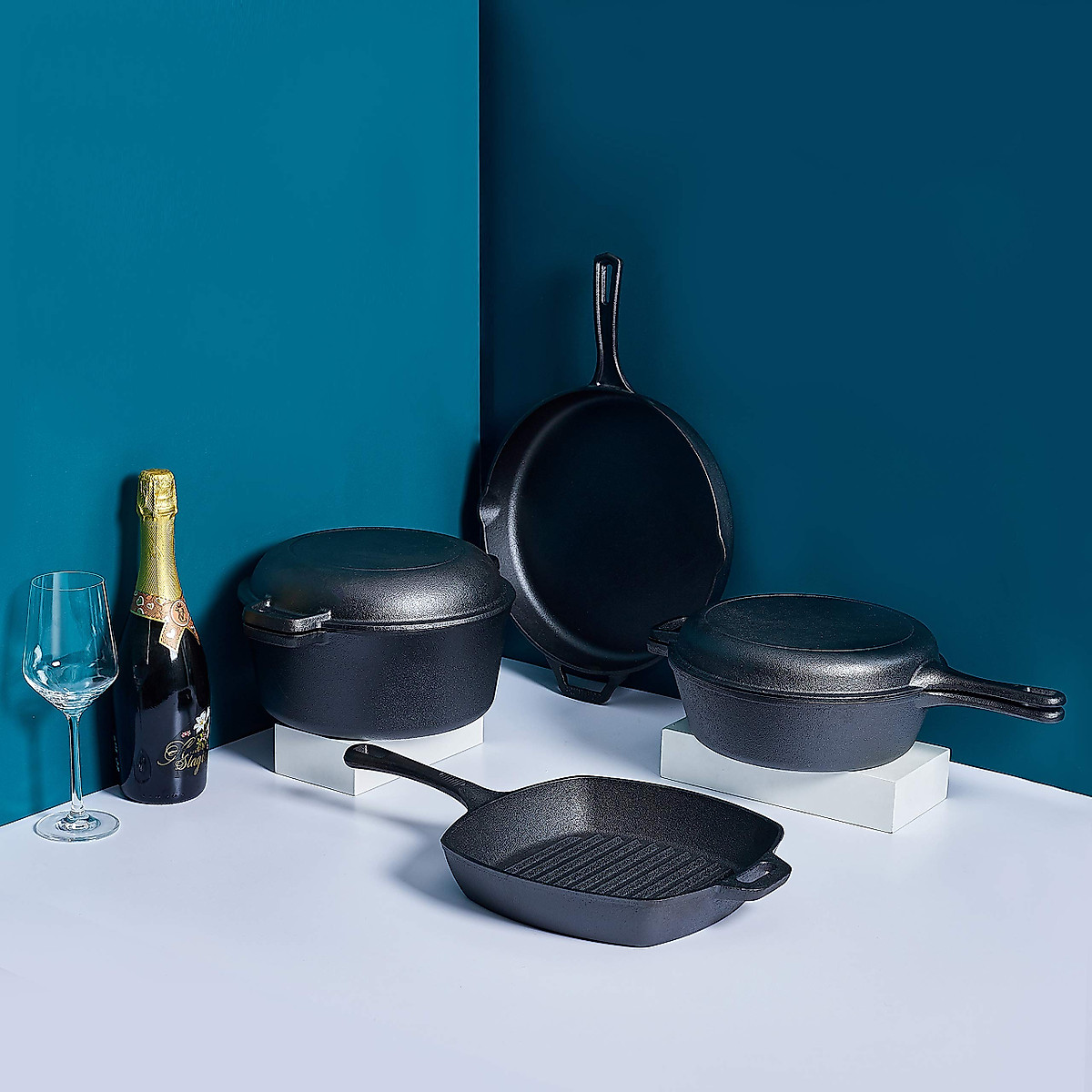 Bruntmor Pre Seasoned 6 pcs Pots And Pans Set - Double Dutch Oven Crockpot - Cooking Set - Cast Iron Skillets and Square Grill Pan with Lid - Outdoor Camping Cookware - Kitchen Accessories