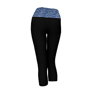 Womens Two Tone Foldover Fabirc Stretch Yoga Gym Capri Leggings Pants - Black/Royal Blue, L/XL