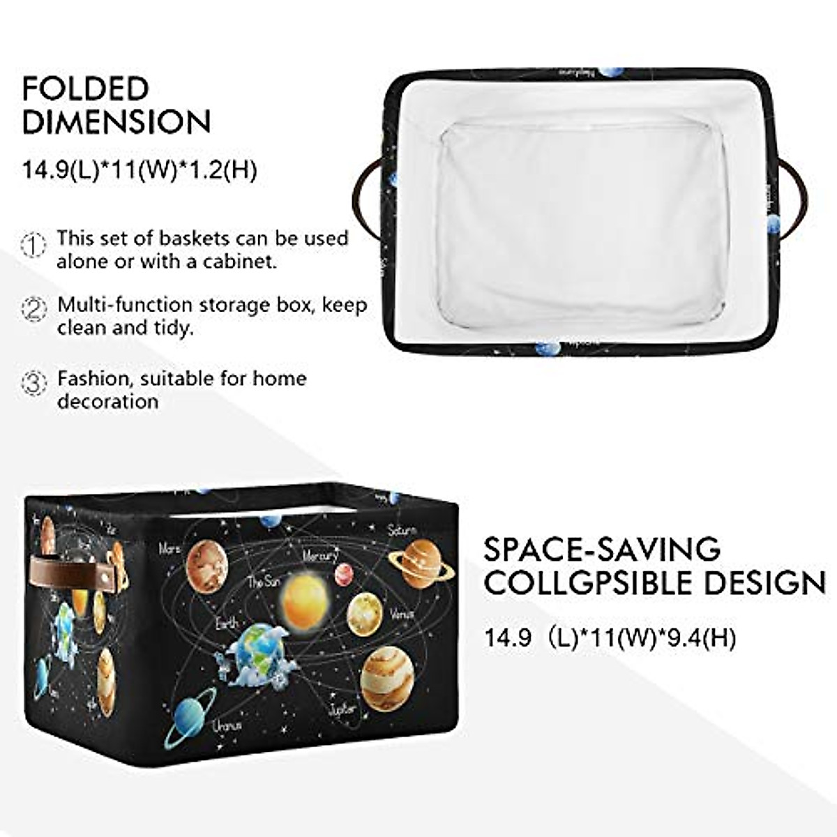 Solar System Planet Storage Basket Bin Large Fabric Toys Storage Cube Box with Handles Collapsible Closet Shelf Cloth Organizer Basket for Nursery Bedroom