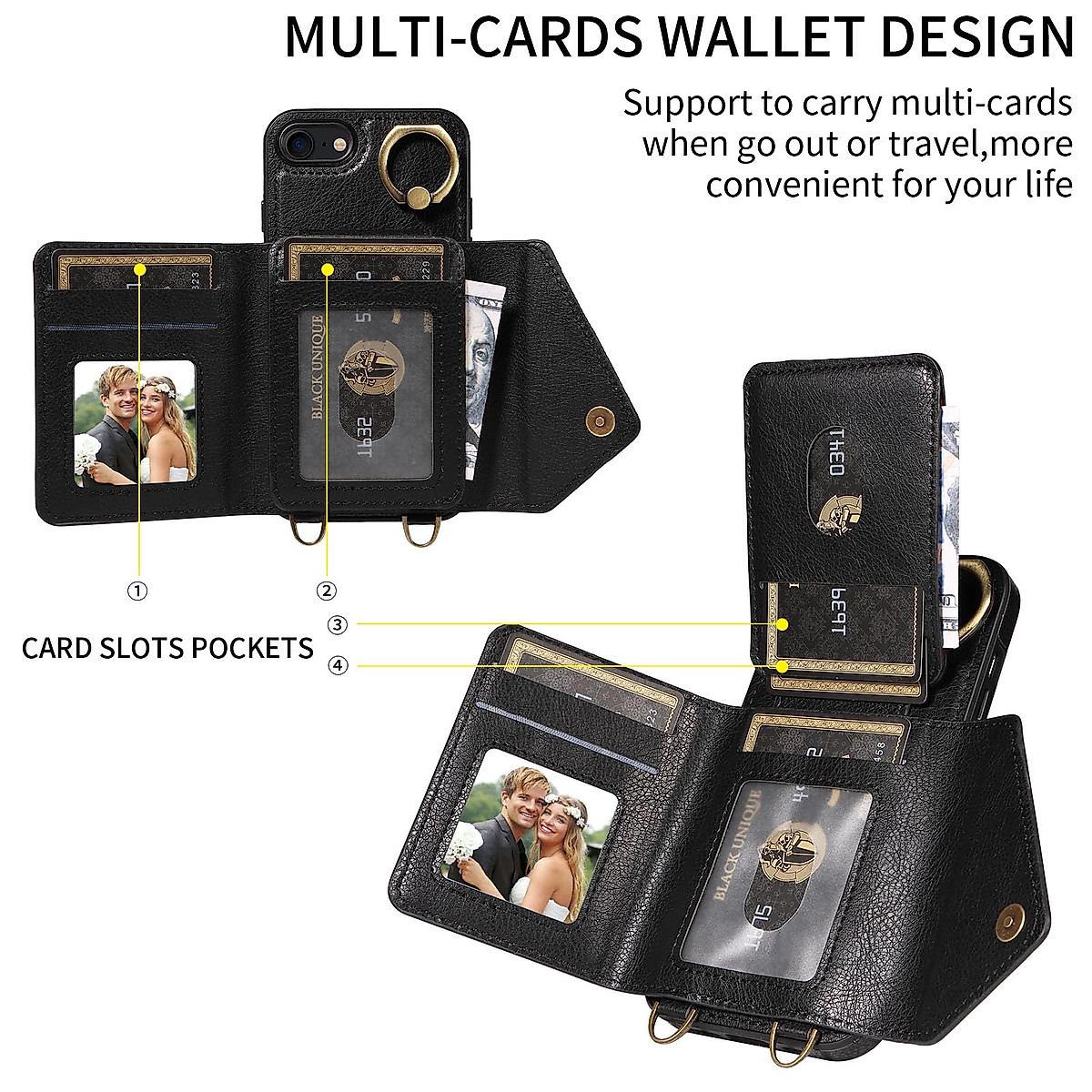 YIRRANZD Crossbody Wallet Case for iPhone SE 2020 / SE 2022/8 / 7 with Card Holder, Leather Case with Long Shoulder Strap, Purse Shockproof Flip Cover for iPhone SE 2020 / SE 2022/8 / 7 (Black)