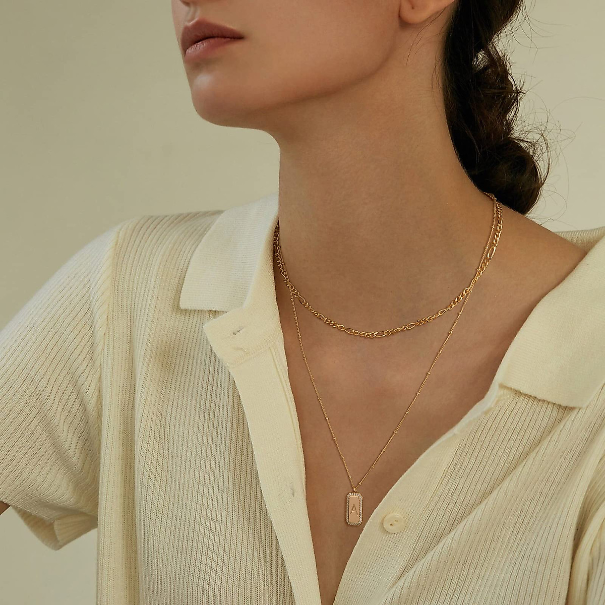 Gold Initial Necklace for Women Figaro Chain Choker Necklace Layered Necklaces Set Initial Bar Rectangle Pendant Necklaces 14K Gold Plated Simple Dainty Letter A Necklace Everyday Gold Jewelry