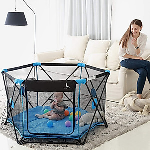 LuckyDove Portable Playpen for Innfants and Toddlers,Portable Play Yard for Baby with Padded Floor,Kids Activity Centre,Baby PlayPen with Carrying Bag,Washable,Foldable.Size:53"Wx 30"H(Blue)