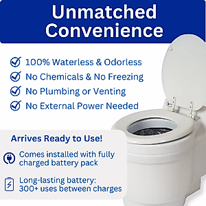 Laveo Dry Flush Toilet - Waterless, Portable, Self Contained and Easier to Use than an Incinerating or Composting Toilet. Great for Tiny Homes, Vans, Boats, Camping, RVs and Off Grid, LDPE, White