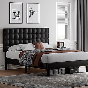 iPormis Full Size Platform Bed Frame, Faux Leather Upholstered Bed Frame with Square Tufted Headboard, Wood Slats Support, No Box Spring Needed, Easy Assembly, Black