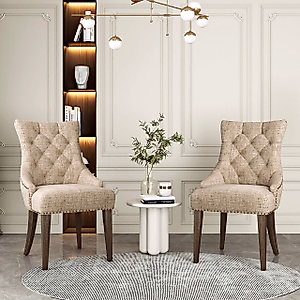 YuiHome Upholstered Dining Leisure Padded Chairs with Armrest and Nailed Trim, (Set of 2),Beige