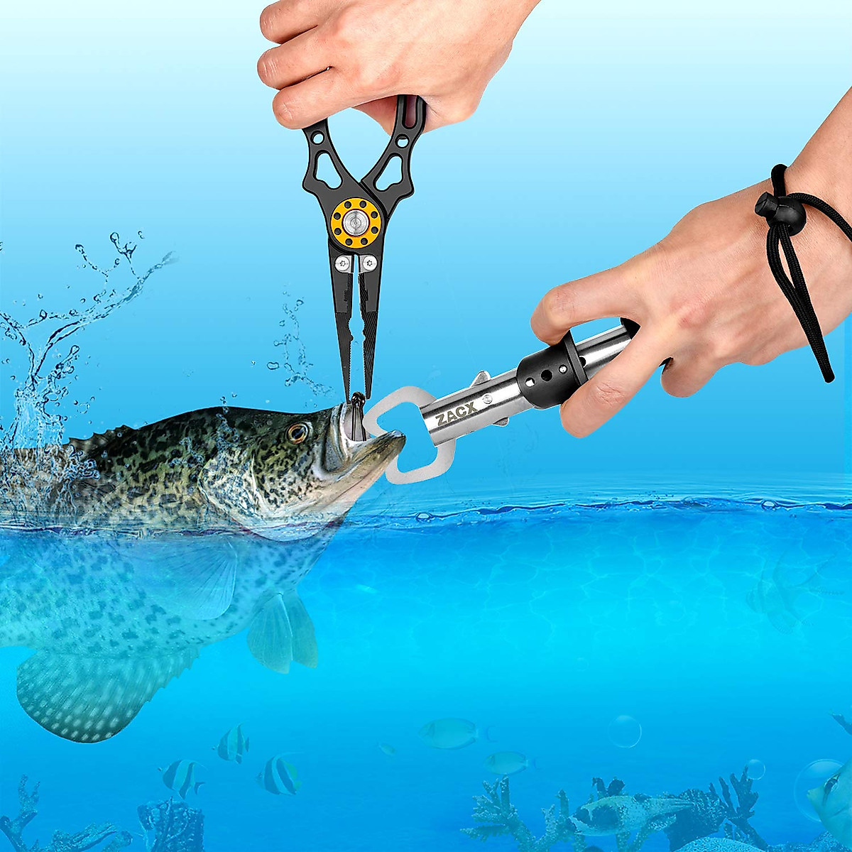 ZACX Fish Lip Gripper Pliers - Upgraded Muti-Function Hook Remover and Split Ring Pliers for Fly Fishing, Ice Fishing, Fishing Gear - Gift for Men (Package B)