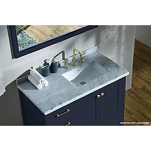 ARIEL Cambridge 43" Inch Single Right Offset Rectangular Sink Solid Wood Midnight Blue Bathroom Vanity Cabinet with 1.5" Inch Edge White Carrara Marble Countertop and Backsplash, No Mirror