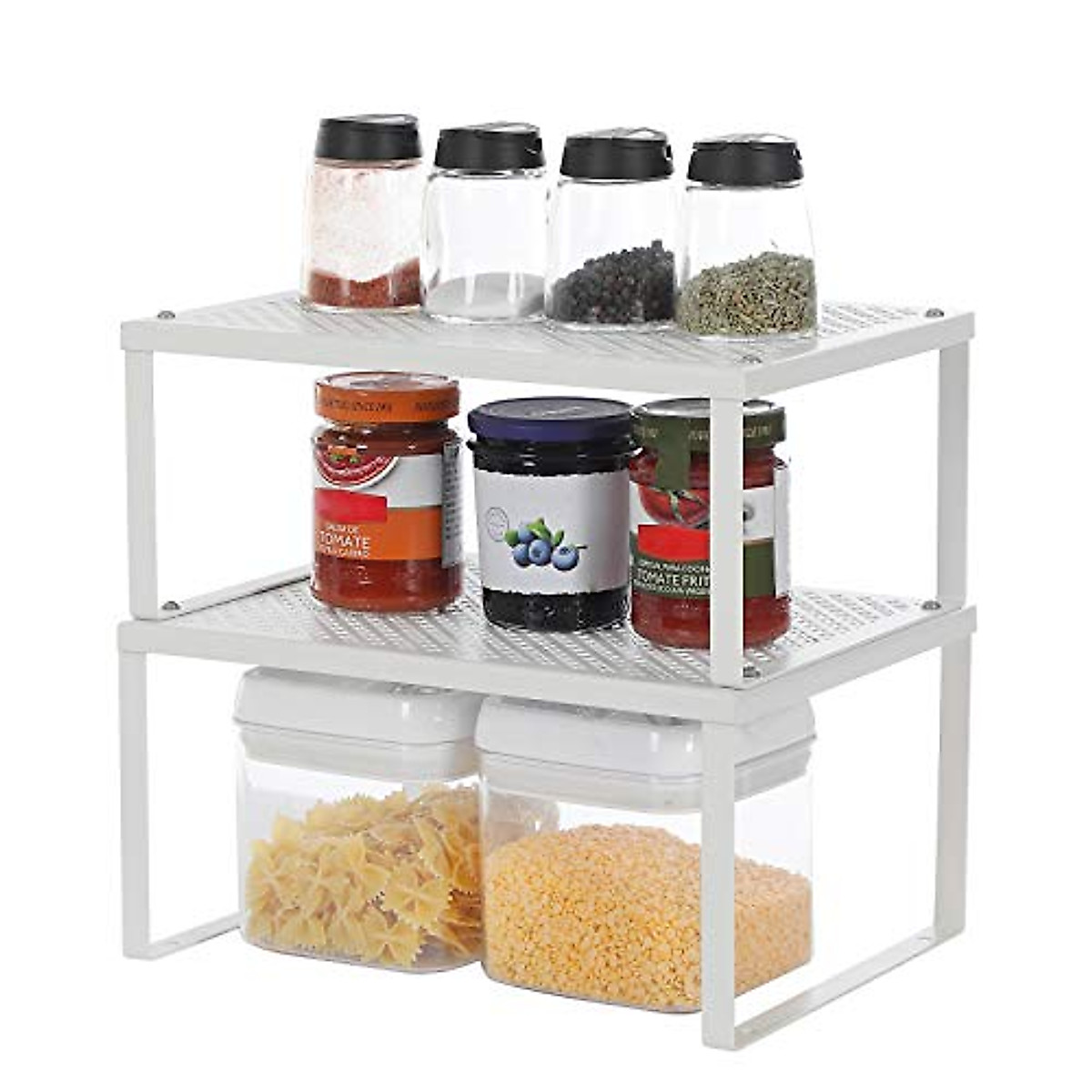 SONGMICS Cabinet Shelf Organizer and Kitchen Shelf Bundle, 4 Stackable Kitchen Cabinet Shelves, Expandable, White and Silver UKCS01WT and UKCS01SV