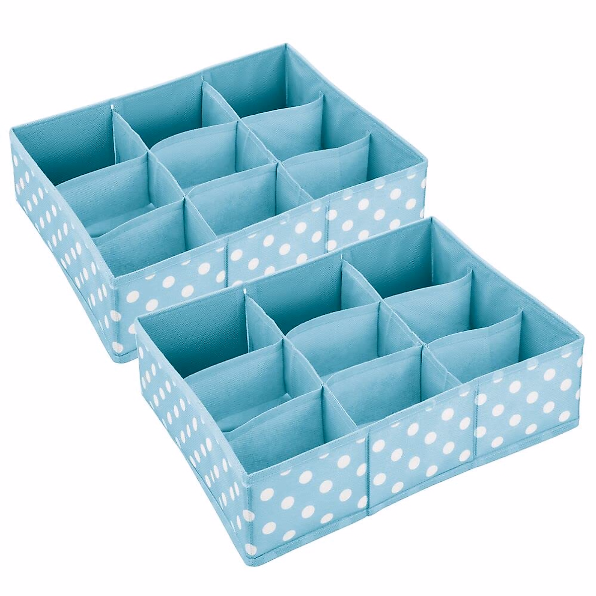mDesign Soft Fabric 9 Section Dresser Drawer and Closet Storage Organizer for Child/Kids Room, Nursery, Playroom - Divided Large Organizer Bin - Herringbone Print - Turquoise/White - 2 Pack