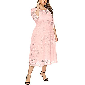 Eternatastic Womens Scooped Neckline Floral lace Top Plus Size Cocktail Party Midi Dress 3XL Pink