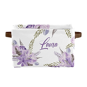 Purple Flower Personalized Custom Text Storage Bins with Handles Shelves Closet Storage Box 2 Pack