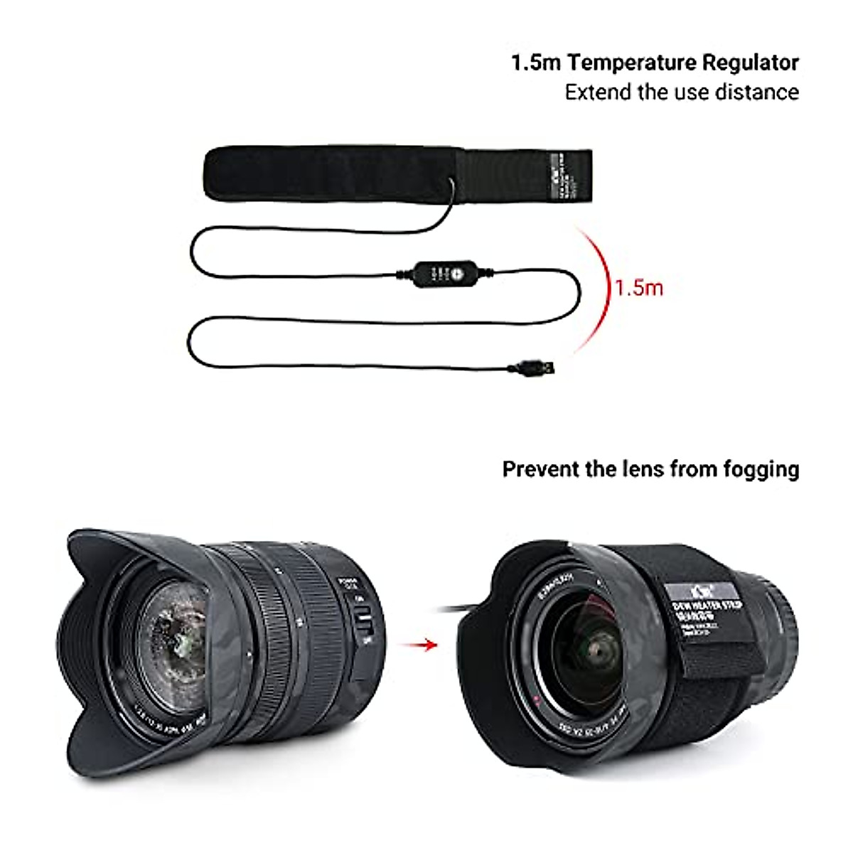 USB Lens Dew Heater, Lens Warmer Strip with Temperature Regulator Condensation Prevention for Telescopes Camera DSLR Lens Telescope Eyepieces 80mm-110mm in Diameter
