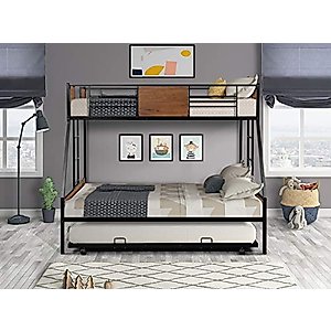 WIILAYOK Metal Bunk Bed Twin Over Full Bunk Bed with Trundle,Heavy Duty Metal Bunk Bed Frame with Safety Rail and Two-Side Ladders for Kids Teens Adults (Black)