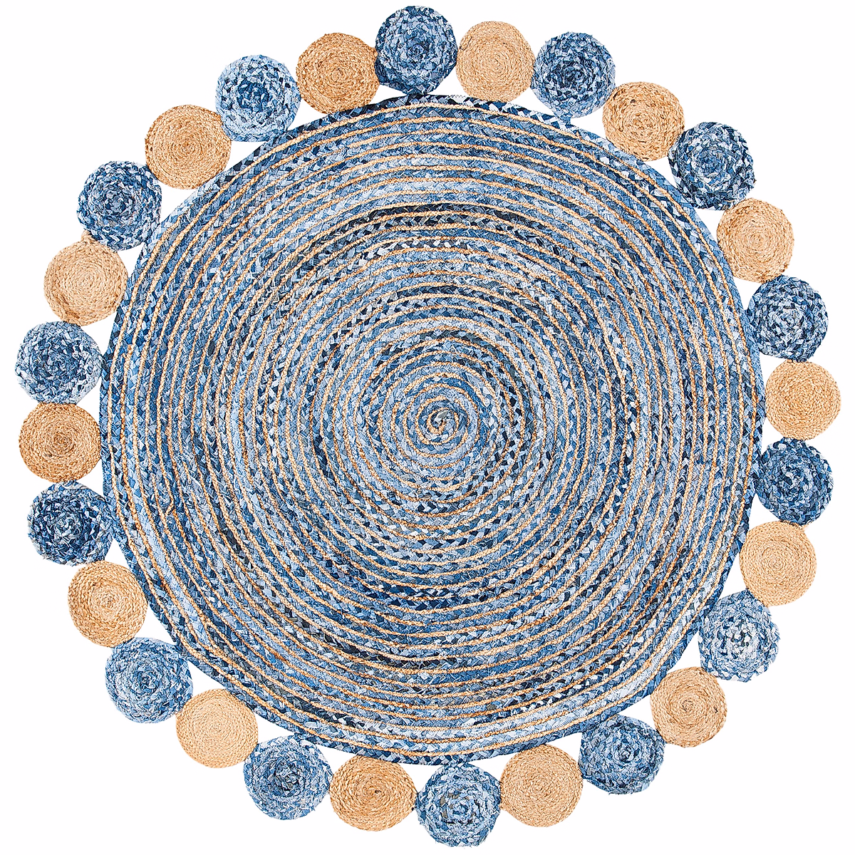 SAFAVIEH Cape Cod Collection 4' Round Blue/Beige CAP201C Handmade Boho Braided Jute & Cotton Entryway Foyer Living Room Bedroom Kitchen Area Rug