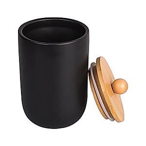 JiatuA Qtip Holder Dispenser with Bamboo Lids, Matte Black Ceramic Apothecary Jar Containers Cotton Ball Holder for Vanity Makeup Organizer Bathroom Canister Storage Farmhouse Decor, 2 Pack