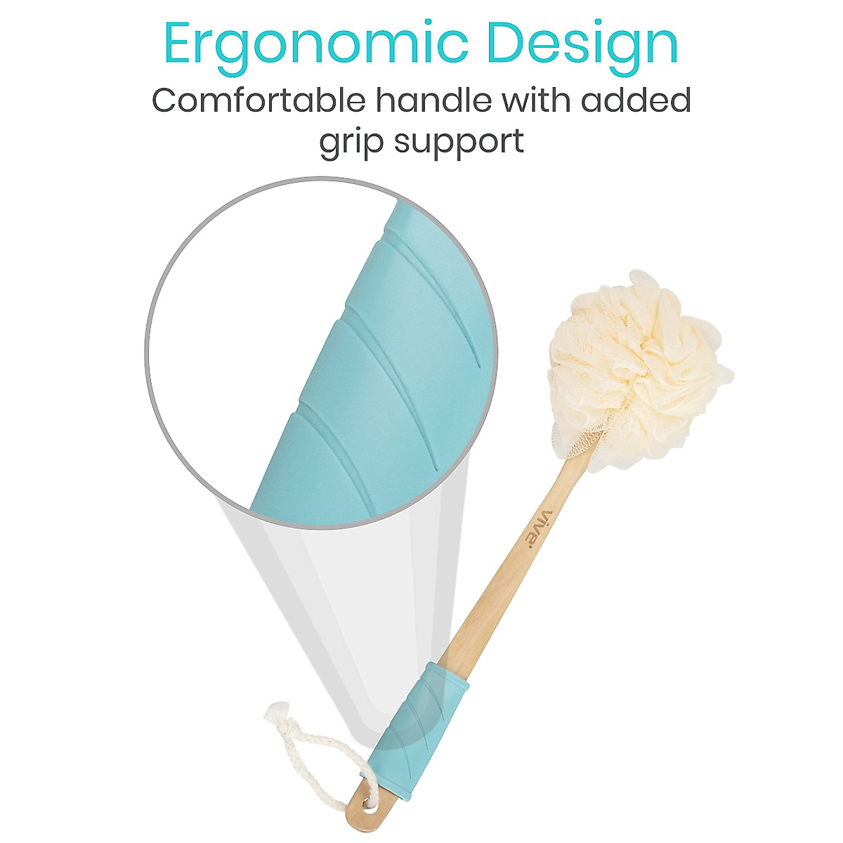 Vive 17” Shower Loofah with Long Handle - Exfoliating Back & Body Scrubber for Men & Women - Luffa Sponge on a Stick for Bathing, Cleaning - Includes Extra Handheld Lufa, Hook & String to Hang on Wall