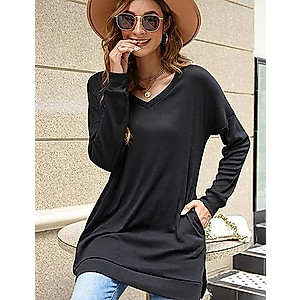 LERUCCI Womens Casual Long Sleeves Solid V-Neck Tunics Sweatshirt with Pockets Black Large