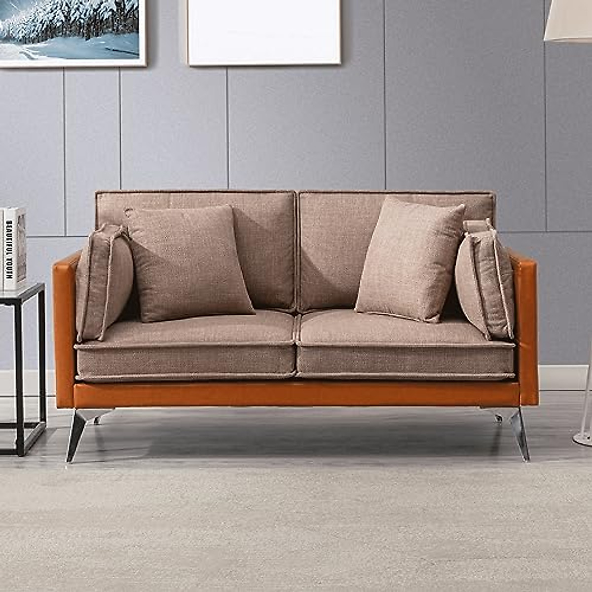 CECER Loveseat Sofa Couches for Living Area, Luxurious Modern 2 Seater Sofa with Faux Leather Frame, Mid Century Linen Upholstered Sofa Couch with 2 Accent Pillows for Bonus Room Office, Orange