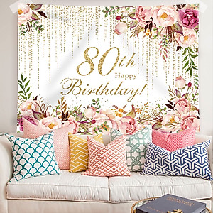 Rsuuinu Happy 80th Birthday Backdrop for Women Flowers Photography Background 80th Birthday Floral Birthday Party Decorations Supplies Favors Cake Table Banner Photo Booth Studio Props 7x5ft