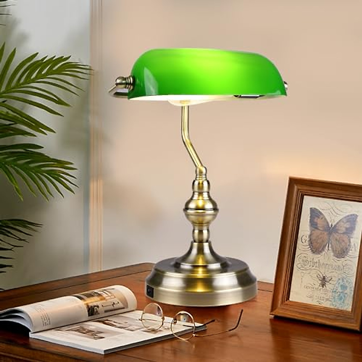 Liylan Green Glass Bankers Desk Lamp,Vintage Desk Lamp Touch Control, 3 Way Dimmable Table Lamp with USB Charging Port, Mid Century Banker's Desk Lamp for Home Office Library Antique Brass