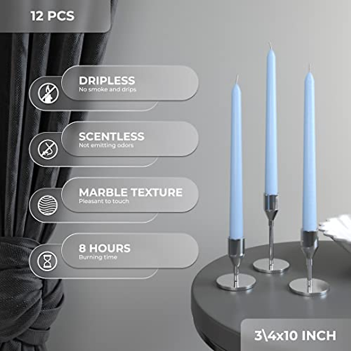 CANDWAX 10 inch Taper Candles Set of 12 - Dripless Taper Candles and Unscented Candlesticks - Perfect as Dinner Candles and Household Candles - Baby Blue Candles