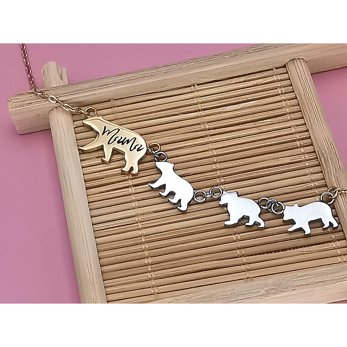 Beffy Mama Bear Necklace with 3 Three Cubs for Women, Mom Daughter Pendant for Mothers Day Birthday Christmas