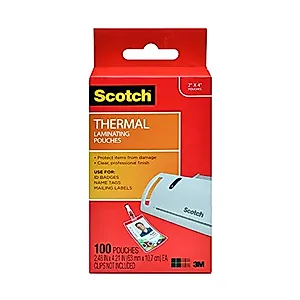 Scotch Thermal Laminating Pouches, 5 Mil Thick for Extra Protection, Professional Quality, 2.4 x 4.2-Inches, ID Badge without Clip, 100-Pouches (TP5852-100)