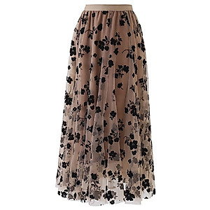 CHICWISH Women's Caramel 3D Posy Double-Layered Mesh Midi Skirt, Size L-XL