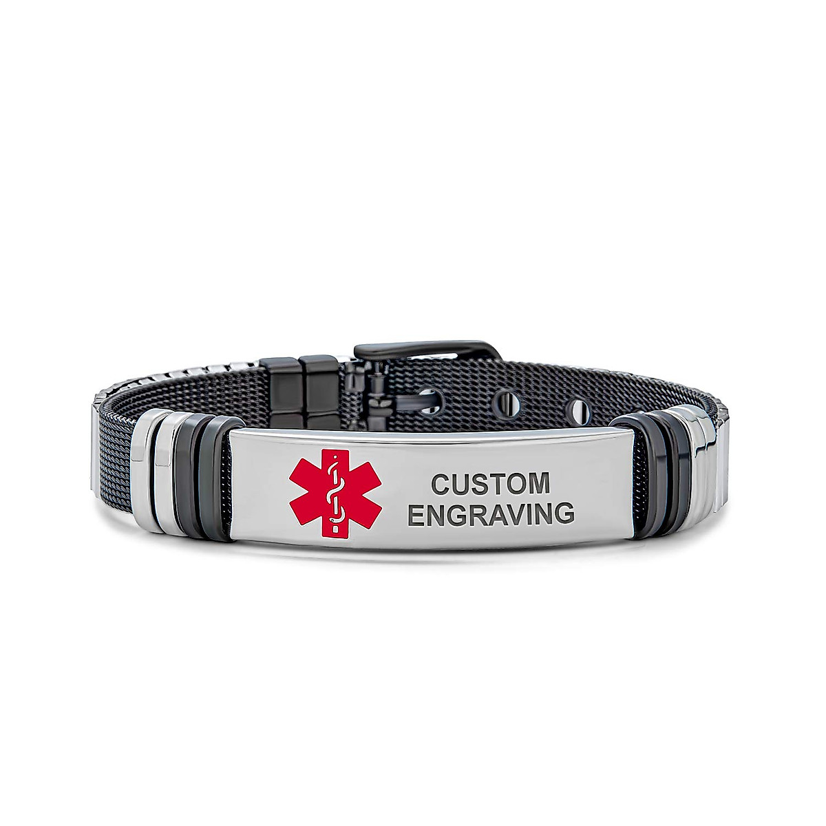 Bling Jewelry Personalize Identification Name Tag Bracelet Wrist Band Belt Buckle Mesh Bracelet for Men Women Silver Tone Stainless Steel Adjustable Custom Engraved