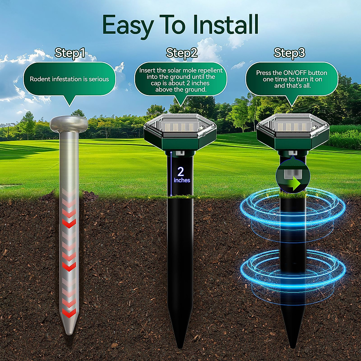 Mole Repellent Solar Powered 4 Pack buzzkick Solar Mole Repellent Ultrasonic Rodent Repeller，Vole Repellent Outdoor，Ultrasonic Pest Repeller for Yard