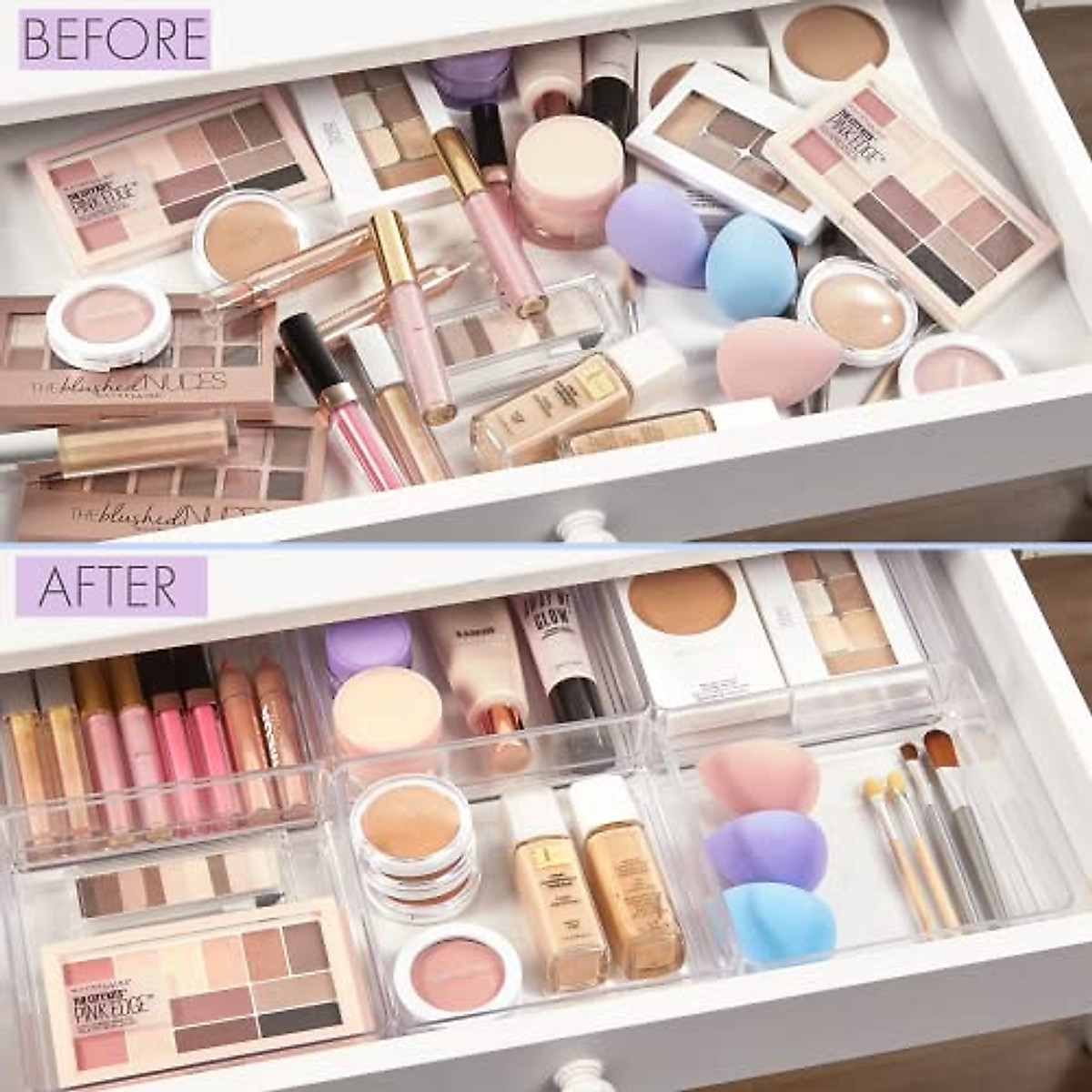 STORi SimpleSort 6-Piece Stackable Clear Drawer Organizer Set | 6" x 6" x 2" Square Trays | Small Makeup Vanity Storage Bins and Office Desk Drawer Dividers | Made in USA