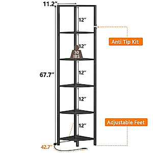 Furnulem 6 Tier Corner Shelf with LED Light, 67.5” Tall Standing Shelf Organizer, Black Narrow Bookshelf with Storage Rack for Wall Corner, Living Room, Bedroom, Metal Frame, Wood Display Shelf
