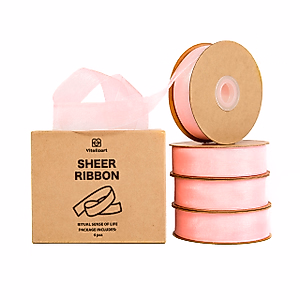 Vitalizart 4 Rolls Blush Pink Organza Ribbon 1" x 50Yd Transparent Sheer Ribbon for Gift Wrapping, Wedding Invitations, Bridal Bouquets, Hair Accessories, Party Decoration, Crafts and Bows