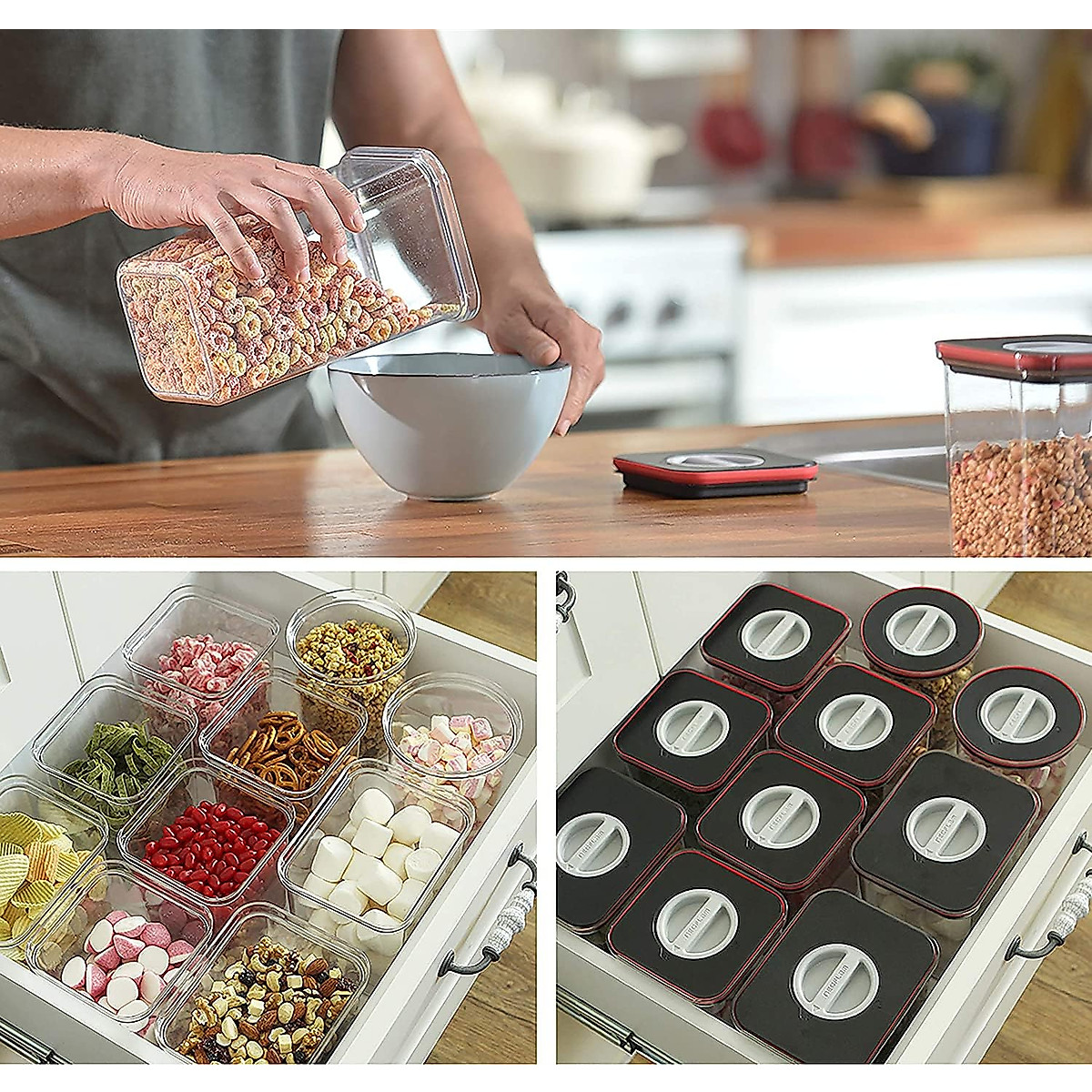 Kitchen Pantry Airtight Smart Seal Dry Food Storage with Lid, Modular, Stackable, Square, Clear Canister for Cereal, Sugar, Flour, Snack, Coffee, Pasta Container (8 Set, Black Lid)