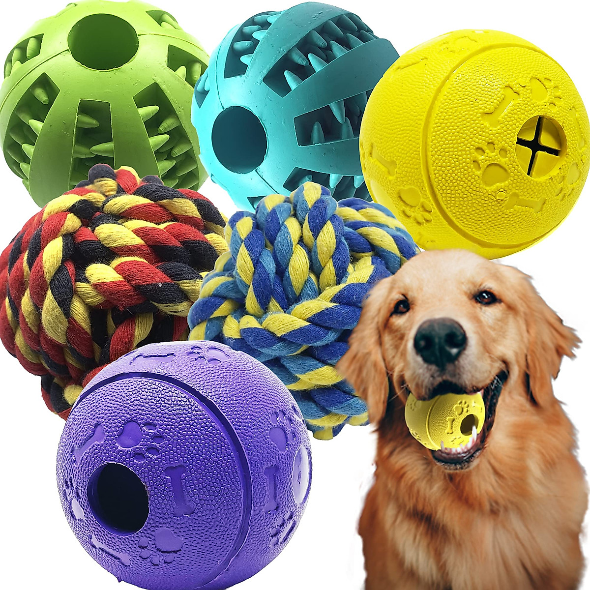 Jalousie Dog Puzzle Balls Dog Treat Dispensing Balls Non-Toxic Natural Rubber Dog Chew Toys for Puppy Pet Dog Teething Puzzle Playing Treat Dispenser Rope Balls (Large - 6 Pack)