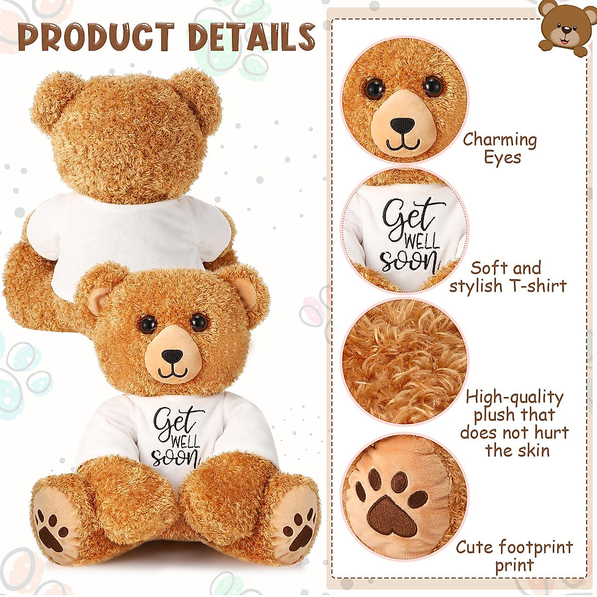 Get Well Soon Bear 16 Inch Bear Stuffed Animals with White T-Shirt Feel Well Soft Bear Plush Hospital Gifts for Boy and Girl (Classic Style)